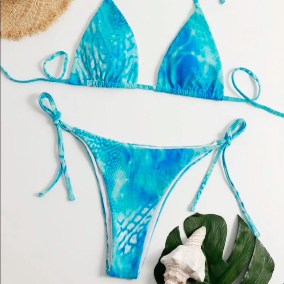 SHEIN | Swim | Shein Coral Blue Triangle Tie Bikini | Poshmark